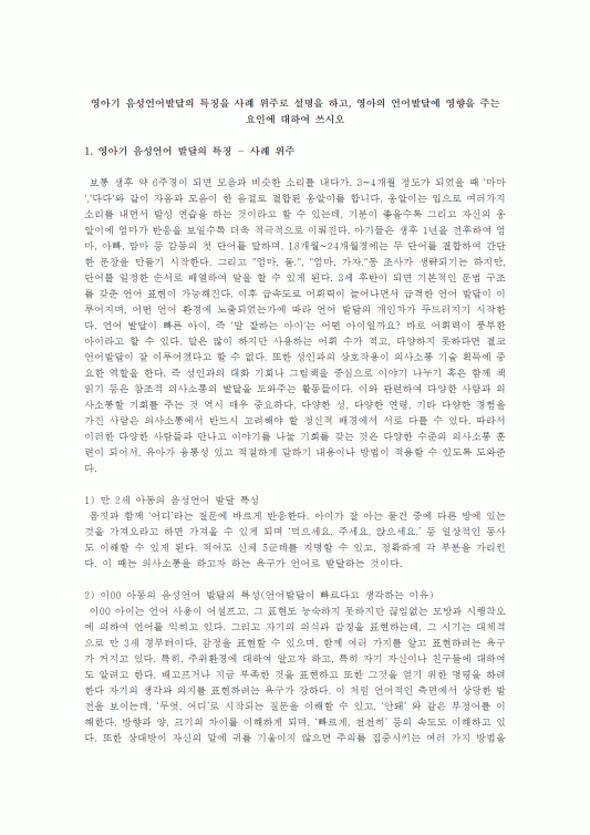 영아기 음성언어발달의 특징을 사례 위주로 설명을 하고, 영아의 언어발달에 영향을 주는 요인에 대하여 쓰시오