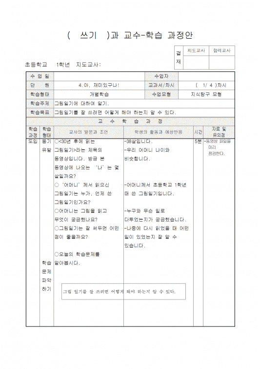 초등1)국어 <국어과 교수-학습 과정안> - 4.아, 재미있구나!( (  1/ 4 )차시) 개별학습 : 그림일기에 대하여 알기.