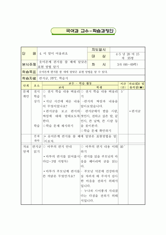 4학년 국어 지도안-이말이 어울려요-웃어른께 편지를 쓸 때에 알맞은 표현 방법 알기