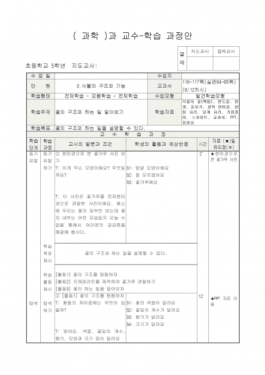 5)과학-3.식물의 구조와 기능 - 꽃의 구조와 하는 일 알아보기