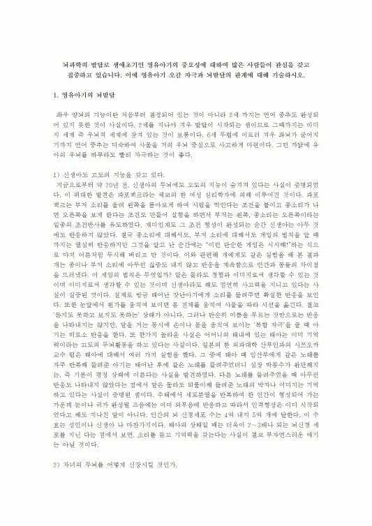 뇌과학의 발달로 생애초기인 영유아기의 중요성에 대하여 많은 사람들이 관심을 갖고 집중하고 있습니다. 이에 영유아기 오감 자극과 뇌발달의 관계에 대해 기술.