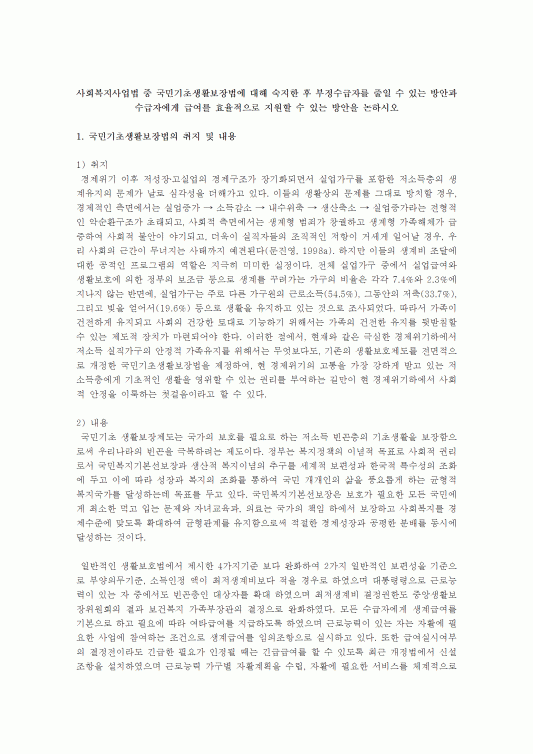 사회복지사업법 중 국민기초생활보장법에 대해 숙지한 후 부정수급자를 줄일 수 있는 방안과 수급자에게 급여를 효율적으로 지원할 수 있는 방안을 논하시오