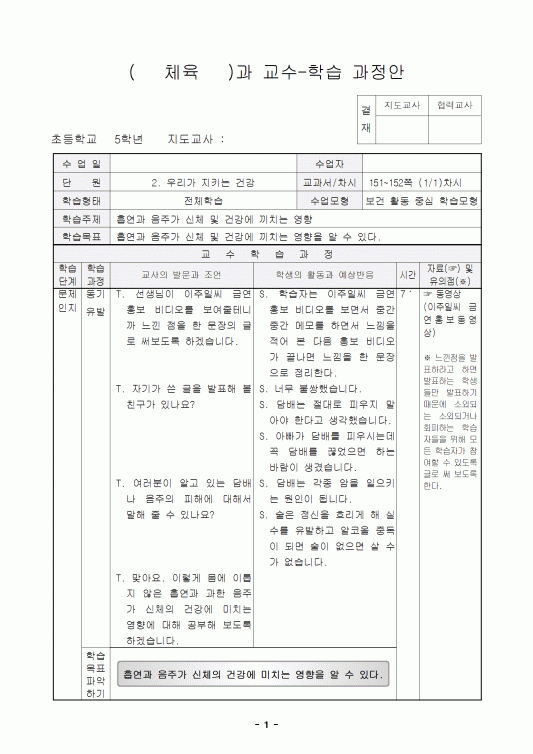 초등5) (체육)과 교수-학습 과정안 - 2. 우리가 지키는 건강 (151~152쪽 (1/1)차시) : 흡연과 음주가 신체 및 건강에 끼치는 영향