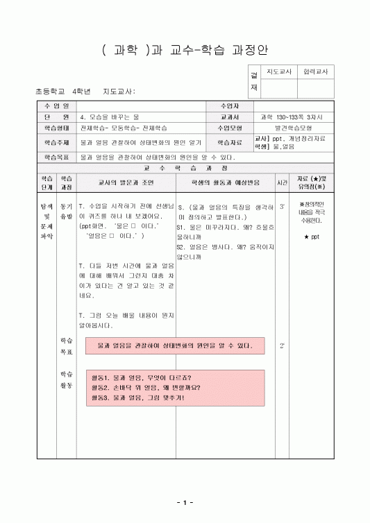 4)과학-4. 모습을 바꾸는 물 - 물과 얼음을 관찰하여 상태변화의 원인 알기