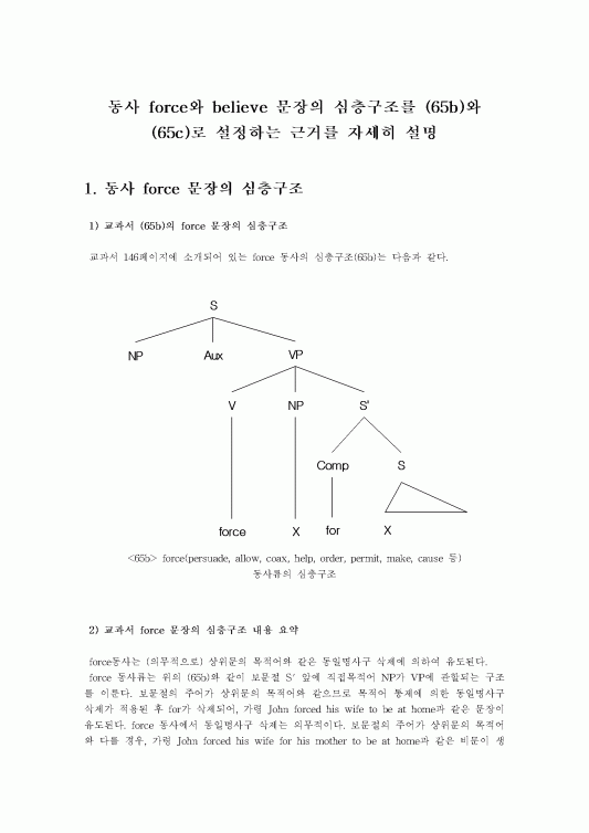 (영어문장구조의이해C형)동사 force와 believe 문장의 심층구조를 (65b)와 (65c)로 설정하는 근거를 자세히 설명