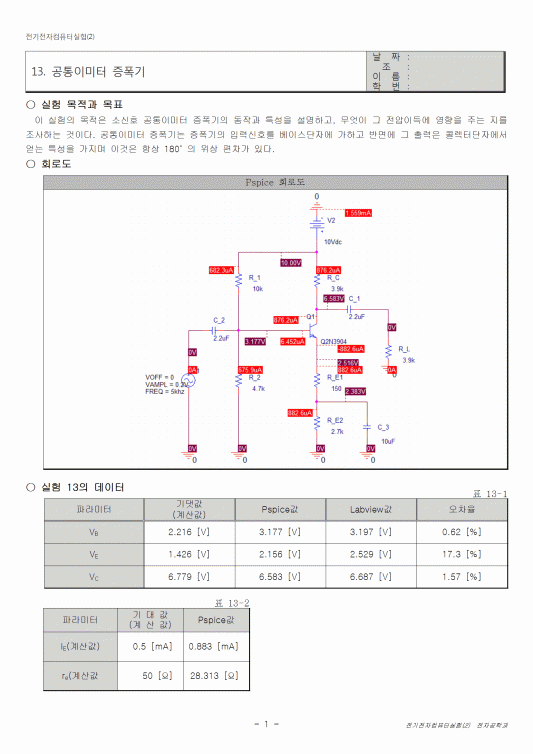 [전기전자컴퓨터실험] 전전컴실 13결과보고서-공통이미터 증폭기