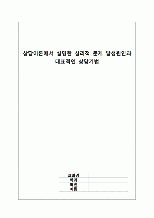 상담이론에서 설명한 심리적 문제 발생원인과 대표적인 상담기법