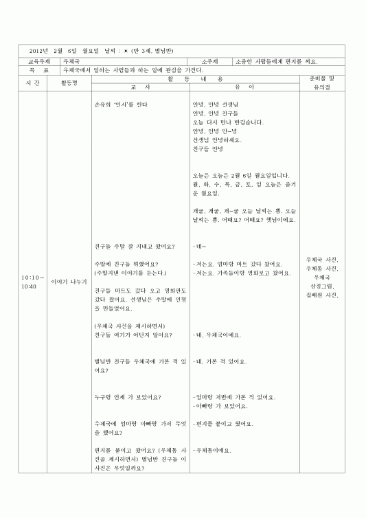 만 3세) 유아반 일일교육계획안 우체국 동화인형만들기0k - 소중한 사람들에게 편지 쓰기