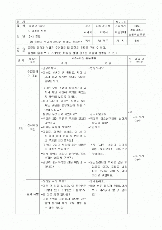 중 2학년) <과학 학습지도안> 2. 물질의 특성 2-3 밀도 2) 물질의 부피가 같으면 질량도 같을까?