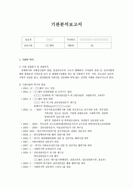 [사회복지현장실습] 기관분석보고서 샘플 A+자료 사회복지실습보고서, 기관방문분석보고서 - 기관 주요사업 프로그램, 행정사항