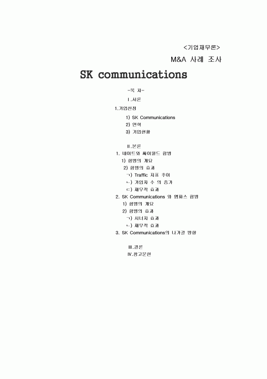 [기업재무론]  M&A 사례 조사 - SK communications(커뮤니케이션즈) : 네이트와 싸이월드, 엠파스