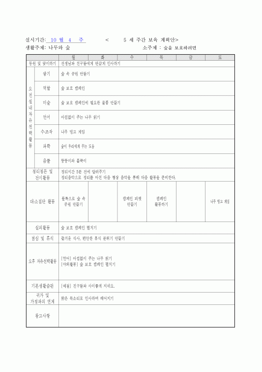 5세) <보육 계획안 (주간, 일일, 부분수업)>  나무와 숲 - 숲을 보호하려면