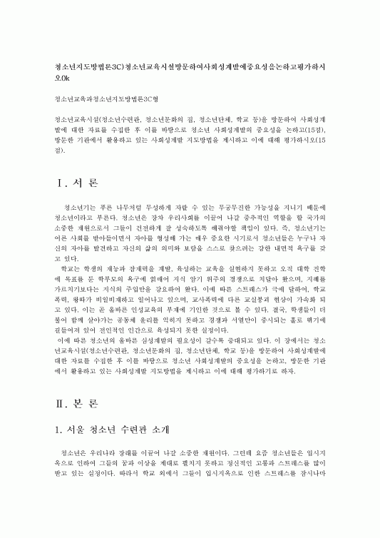 청소년지도방법론3C) 청소년교육시설방문하여 사회성계발에 중요성을 논하고 평가하시오0k - 서울 청소년 수련관