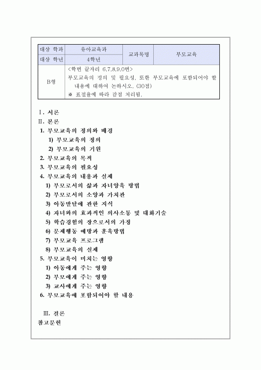 [부모교육/4학년 B형] 부모교육의 정의 및 필요성, 또한 부모교육에 포함되어야 할 내용에 대하여 논하시오