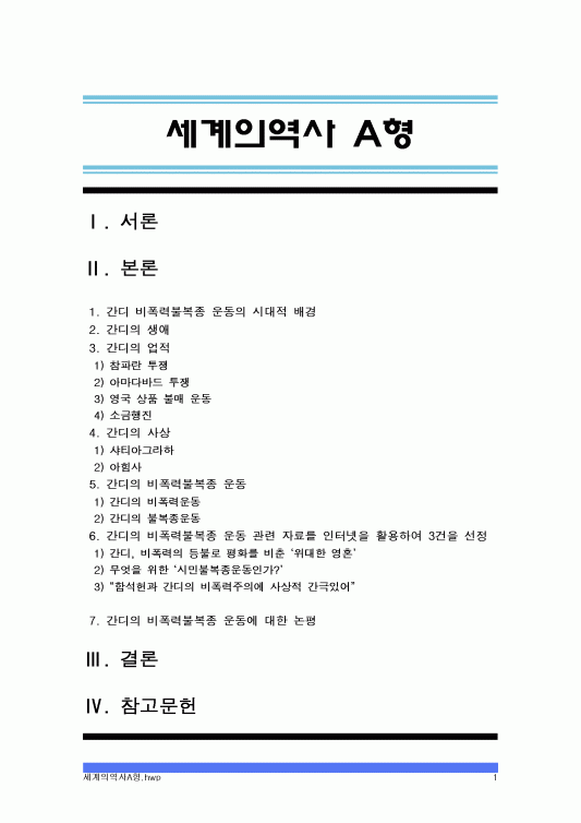 (세계의역사 A형) 간디의 비폭력불복종 운동 관련 자료를 인터넷을 활용 3건을 선정하고 그 자료를 근거로 간디의 비폭력불복종 운동에 대한 비판적이되 주체적인 논평 - 간디비폭력불복종운동