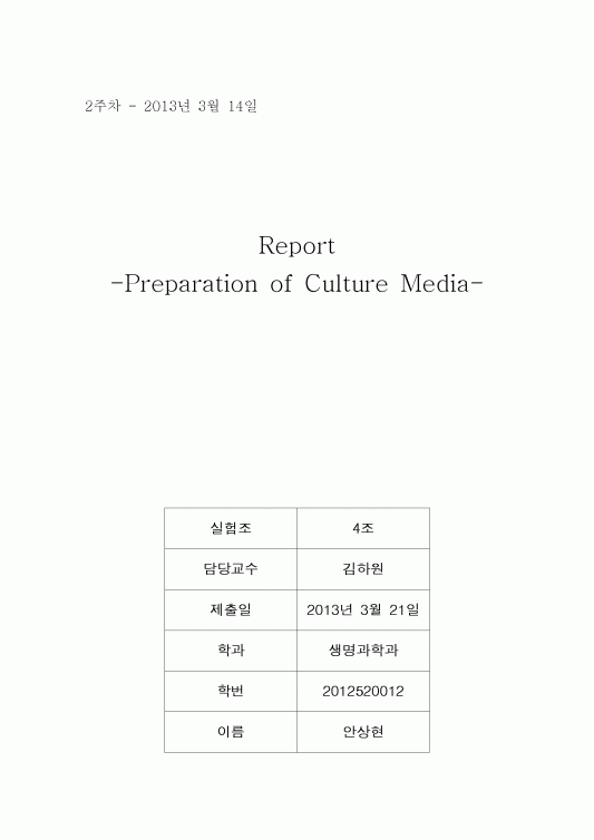 [생명과학과] Preparation of Culture Media : 미생물의 배지를 만들어보고 미생물을 직접 배양해봄으로서 미생물에 대한 이해를 높인다.