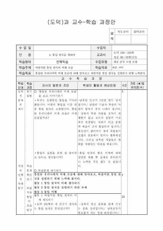 6)도덕-통일 한국을 향하여 -  바람직한 통일 한국의 미래 모습(개념분석모형)(중안)