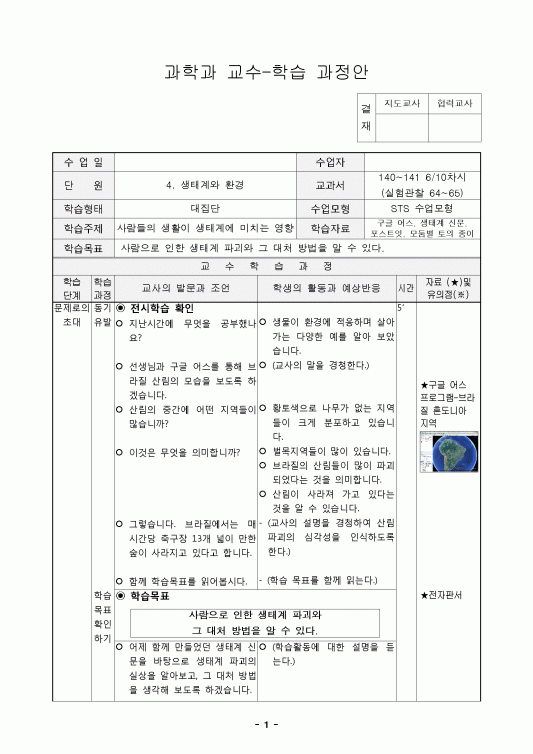 6학년 과학 지도안-4.생태계와 환경-사람들의 생활이 생태계에 미치는 영향(STS모형)(중안)