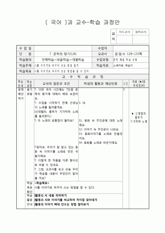 6학년 국어 지도안-문학의 향기-시를 이야기로 바꾸어 쓰는 방법 알기(문제해결학습모형)(중안)