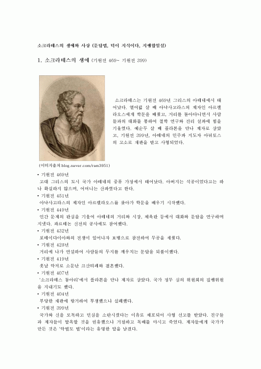 소크라테스의 생애와 사상 (문답법, 덕이 지식이다, 지행합일설)