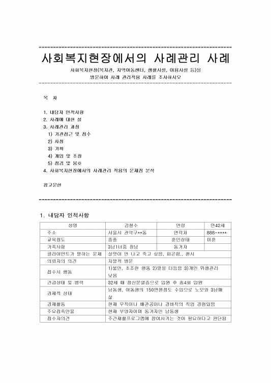 [사회복지실천론] 사회복지현장에서의 사례관리 사례(사회복지현장-복지관, 지역아동센터, 생활시설, 이용시설 등-을 방문하여 사례 관리적용 사례를 조사)