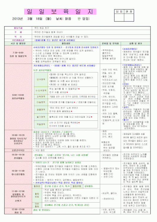 2013년 평가인증 만 3세 주간계획안 및 일일보육일지 3월 3째주