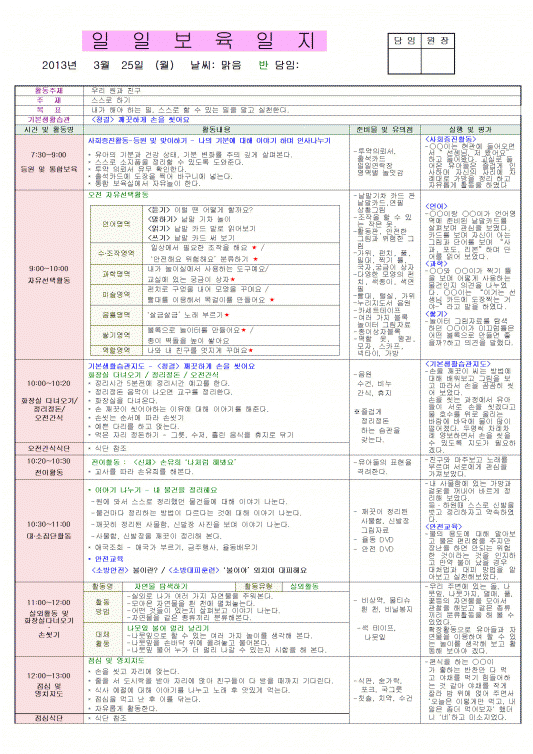 2013년 평가인증 만 3세 주간계획안 및 일일보육일지 3월 4째주