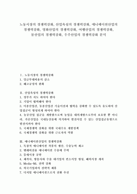 [경쟁력강화, 노동시장, 산업육성]노동시장의 경쟁력강화, 산업육성의 경쟁력강화, 애니메이션산업의 경쟁력강화, 영화산업의 경쟁력강화, 여행산업의 경쟁력강화, 물산업의 경쟁력강화, 우주산업의 경쟁력강화 분석