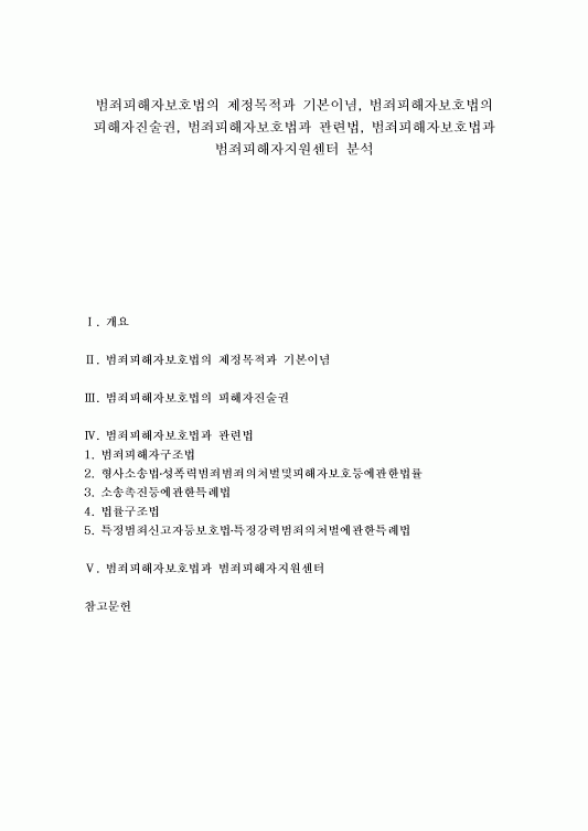 [범죄피해자보호법, 피해자진술권, 범죄피해자지원센터]범죄피해자보호법의 제정목적과 기본이념, 범죄피해자보호법의 피해자진술권, 범죄피해자보호법과 관련법, 범죄피해자보호법과 범죄피해자지원센터 분석