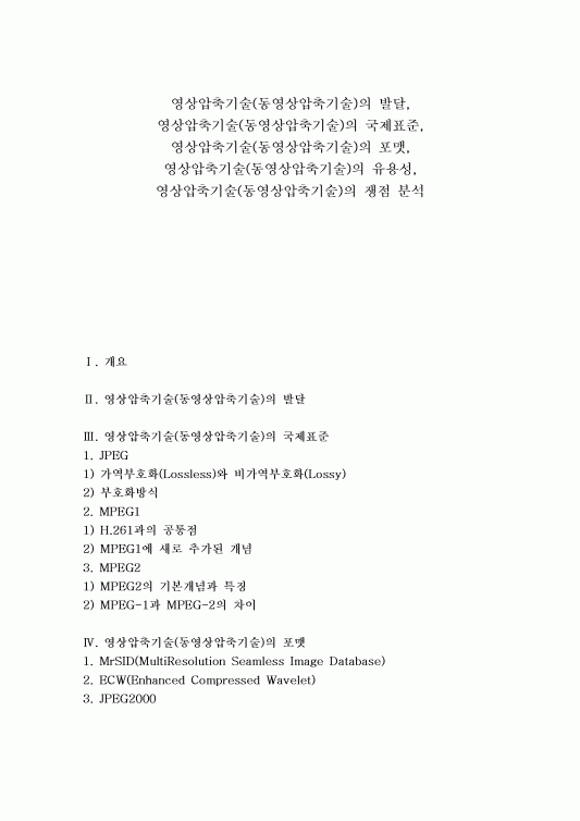 영상압축기술(동영상압축기술)의 발달, 영상압축기술(동영상압축기술)의 국제표준, 영상압축기술(동영상압축기술)의 포맷, 영상압축기술(동영상압축기술)의 유용성, 영상압축기술(동영상압축기술)의 쟁점 분석