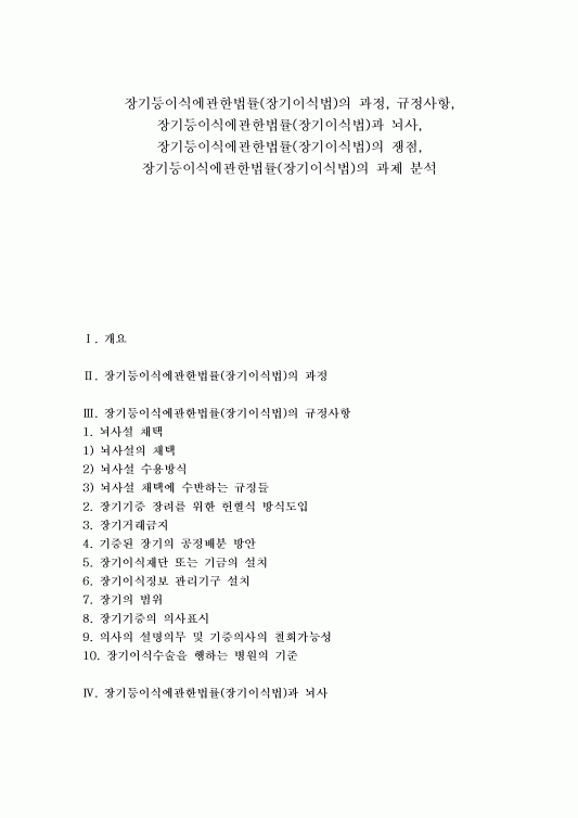 [장기등이식에관한법률]장기등이식에관한법률(장기이식법)의 과정, 규정사항, 장기등이식에관한법률(장기이식법)과 뇌사, 장기등이식에관한법률(장기이식법)의 쟁점, 장기등이식에관한법률(장기이식법)의 과제