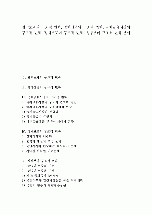 [구조적 변화, 광고효과 구조적 변화, 영화산업, 국제금융시장, 경제보도, 행정부]광고효과의 구조적 변화, 영화산업의 구조적 변화, 국제금융시장의 구조적 변화, 경제보도의 구조적 변화, 행정부의 구조적 변화