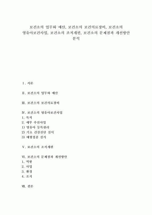 [보건소, 보건소 업무와 예산, 보건소 보건의료장비, 보건소 영유아보건사업]보건소의 업무와 예산, 보건소의 보건의료장비, 보건소의 영유아보건사업, 보건소의 조직개편, 보건소의 문제점과 개선방안 분석