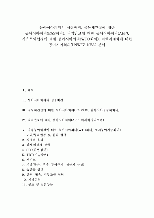 동아시아회의의 성장배경, 공동체건설에 대한 동아시아회의(EAS회의), 지역안보에 대한 동아시아회의(ARF), 자유무역협정에 대한 동아시아회의(WTO회의), 비핵지대화에 대한 동아시아회의(LNWFZ NEA) 분석