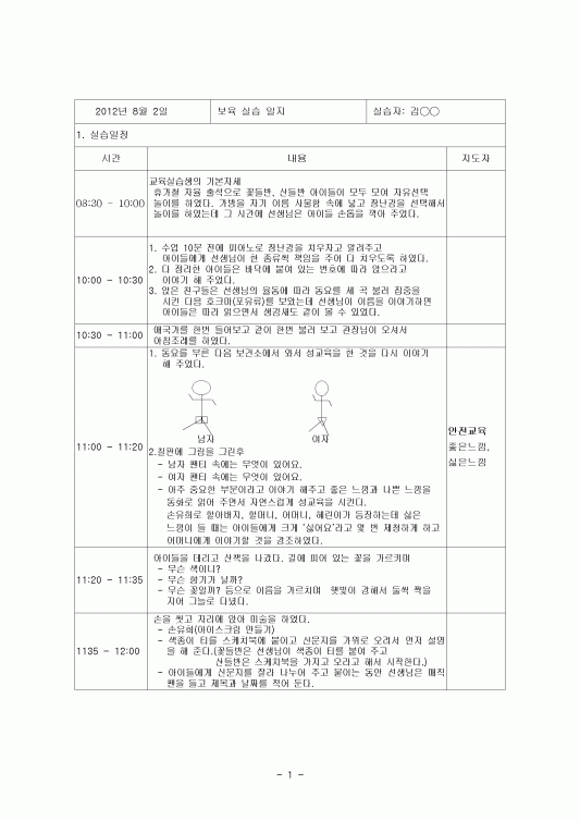 보육실습일지(4주간일지, 어린이집 보육실습일지, 실습활동내용상세기록)