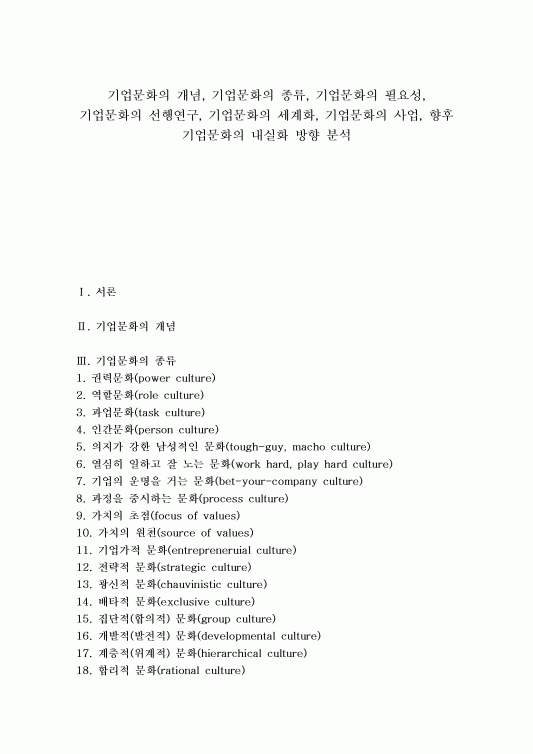 [기업문화][기업][문화][기업문화 개념][기업문화 종류]기업문화의 개념, 기업문화의 종류, 기업문화의 필요성, 기업문화의 선행연구, 기업문화의 세계화, 기업문화의 사업, 향후 기업문화의 내실화 방향 분석