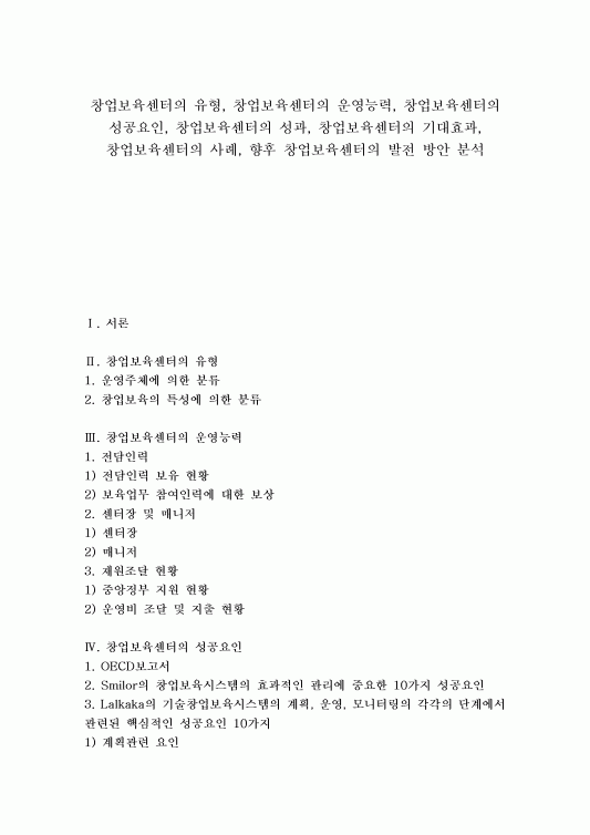 [창업보육센터][창업]창업보육센터의 유형, 창업보육센터의 운영능력, 창업보육센터의 성공요인, 창업보육센터의 성과, 창업보육센터의 기대효과, 창업보육센터의 사례, 향후 창업보육센터의 발전 방안 분석