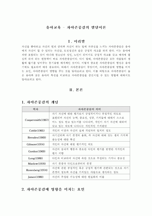 유아교육 - 자아존중감의 발달이론