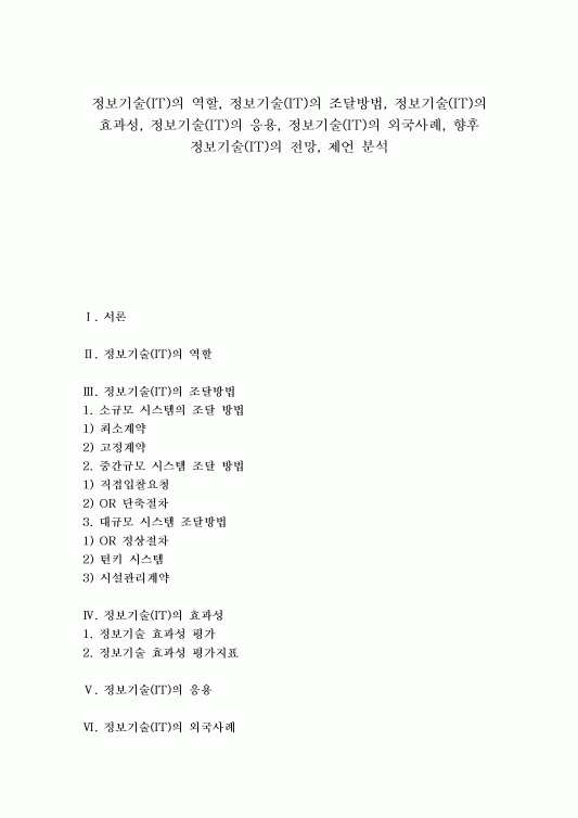 [정보기술][IT][정보기술 외국사례][정보기술 조달방법]정보기술(IT)의 역할, 정보기술(IT)의 조달방법, 정보기술(IT)의 효과성, 정보기술(IT)의 응용, 정보기술(IT)의 외국사례, 향후 정보기술(IT)의 전망, 제언