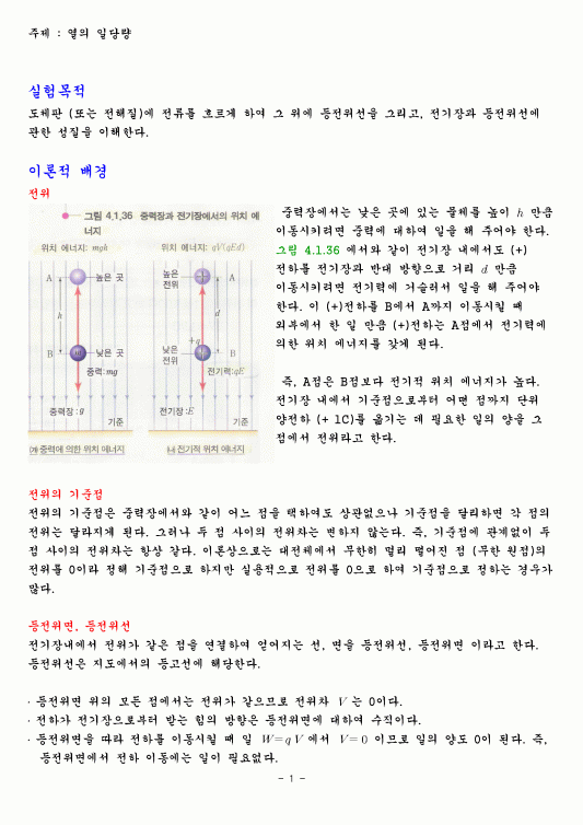 열의 일당량 - 도체판 (또는 전해질)에 전류를 흐르게 하여 그 위에 등전위선을 그리고, 전기장과 등전위선에 관한 성질을 이해한다.