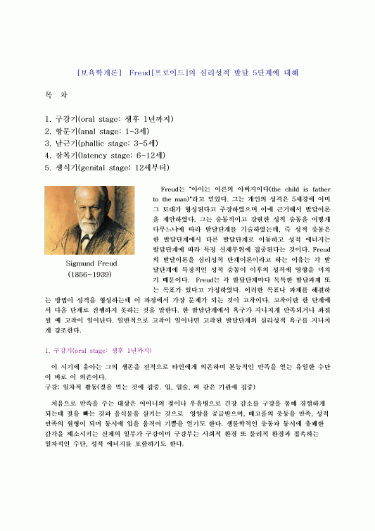 [보육학개론]  Freud[프로이드]의 심리성적 발달 5단계에 대해