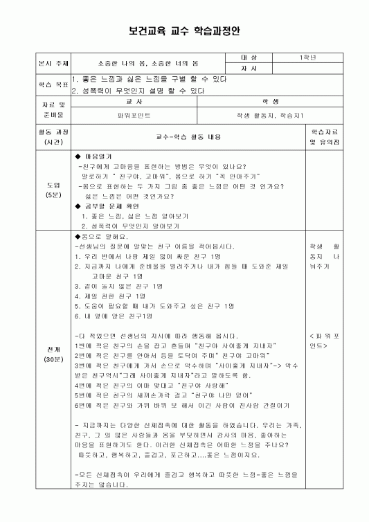 <건강교육 수업계획안 (성교육)> 소중한 나의 몸, 소중한 너의 몸