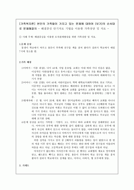 [가족복지론] 가족들이 가지고 있는 문제에 대하여 문제해결의-해결중심 단기치료 기법을 이용한 가족상담 및 치료 : 1.물건을 훔치고 폭력, 2.훔치는 행동, 3.고부갈등의 부부치료, 4.경험하였던 가족문제와 노력