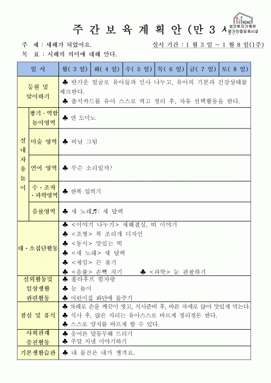 만3세 1월 새해/공룡나라 보육일지(보육실습일지)