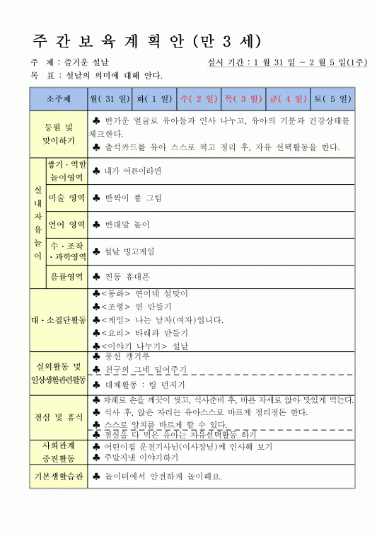 만3세 2월 설날/새로운준비 보육일지(보육실습일지)