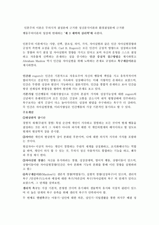 학생 각자의 관점에서 인간의 행동을 가장 잘 설명하고 있다고 생각되는 이론을 하나선정하여 그 이유에 대해 기술