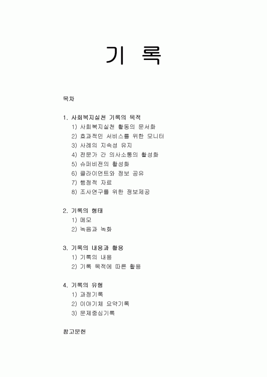 [사회복지실천론] 기록 - 사회복지실천 기록의 목적, 기록의 형태, 기록의 내용과 활용, 기록의 유형에 대한 이해와 정리