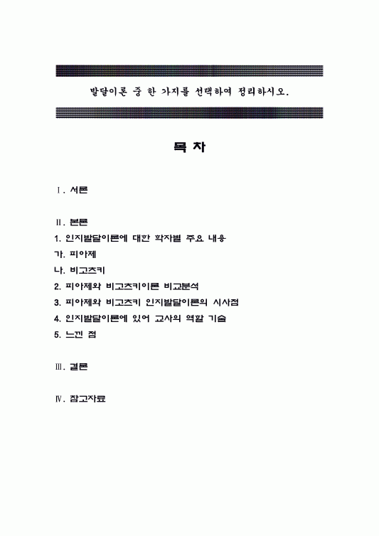 발달이론 중 한 가지를 선택하여 정리 - 인지발달이론