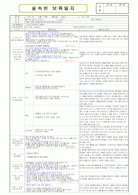 만1세) <어린이집 보육일지> 12월 3주 - 주제 : 좋아하는 놀이가 있어요 Ⅰ / 소주제 : 춤추고 놀이해요 1 / 목표 : 겨울의 계절적 특징을 탐색하며 즐겁게 춤추고 놀이한다 / 기본생활습관:[인성]고마워라고 말해요