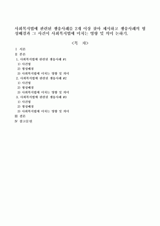 사회복지법에 관련된 쟁송사례를 2개 이상 찾아 제시하고 쟁송사례의 형성배경과 그 사건이 사회복지법에 미치는 영향 및 의미 논하기.